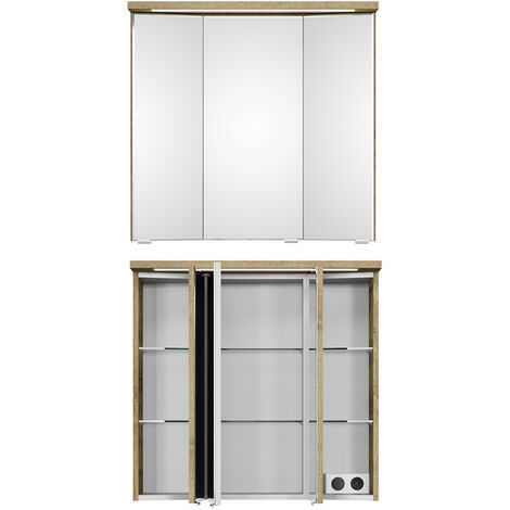 Badmöbel Set mit LED Beleuchtung und Mineralmarmor Waschbecken TRENTO-66 in Riviera Eiche Nb., B ...