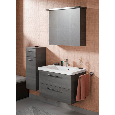 Badmöbel Set mit Mineralmarmor Waschbecken und LED Beleuchtung TRENTO-66 in Graphit Struktur Nb ...