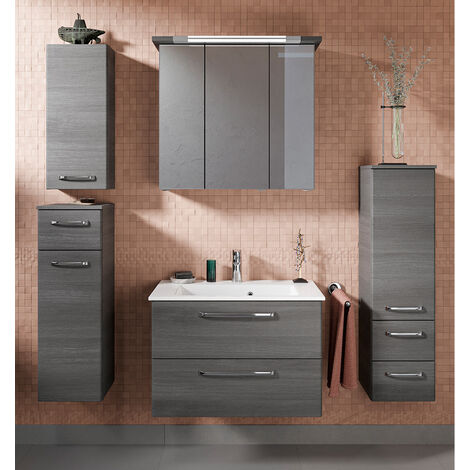 Badezimmer Komplett Set mit Waschbecken aus Mineralmarmor TRENTO-66 in Graphit Struktur Nb., B/H ...