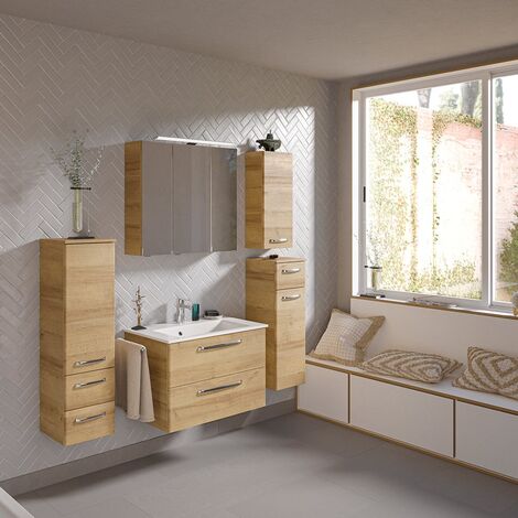 Waschplatz Set mit Waschbecken aus Mineralmarmor TRENTO-66 in Riviera Eiche Nb., B/H/T: ca. 77 ...