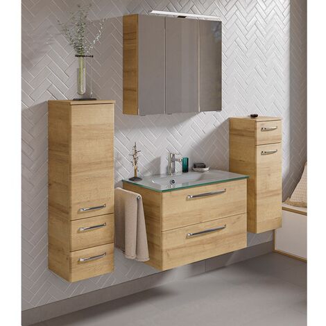 Badezimmer Set mit Glaswaschbecken TRENTO-66 in Riviera Eiche Nb., B/H/T: ca. 167/200/50 cm