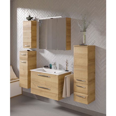 Badezimmer Komplett Set mit Mineralmarmor Waschbecken TRENTO-66 in Riviera Eiche Nb., B/H/T: ca ...