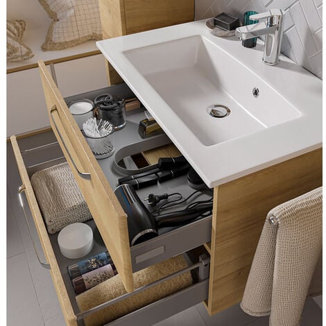 Badezimmer Komplett Set mit Mineralmarmor Waschbecken TRENTO-66 in Riviera Eiche Nb., B/H/T: ca ...