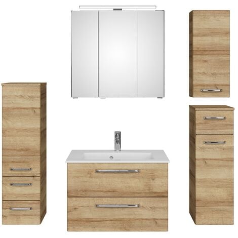 Badezimmer Komplett Set mit Mineralmarmor Waschbecken TRENTO-66 in Riviera Eiche Nb., B/H/T: ca ...
