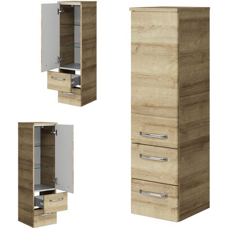 Badezimmer Komplett Set mit Glaswaschbecken TRENTO-66 in Riviera Eiche Nb., B/H/T: ca. 167/200/50 cm