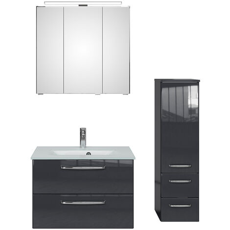 Badezimmer Set mit Glasbecken und LED Aufbauleuchte TRENTO-66 in anthrazit Glanz, B/H/T: ca. 122 ...