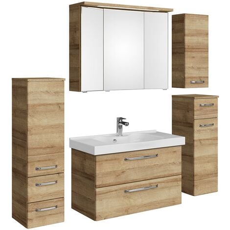 Badezimmer Komplett Set mit Keramikbecken TRENTO-66 in Riviera Eiche Nb., B/H/T: ca. 182/200/48 cm