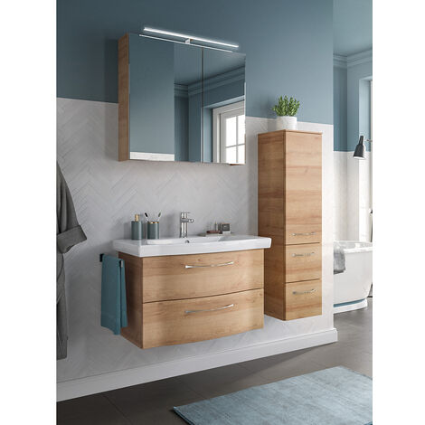 Badmöbel-Set in Riviera Eiche quer Nb., 82cm Keramik Waschbecken, LED Beleuchtung, SOLINGEN-66 ...
