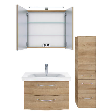 Badmöbel-Set in Riviera Eiche quer Nb., 82cm Keramik Waschbecken, LED Beleuchtung, SOLINGEN-66 ...