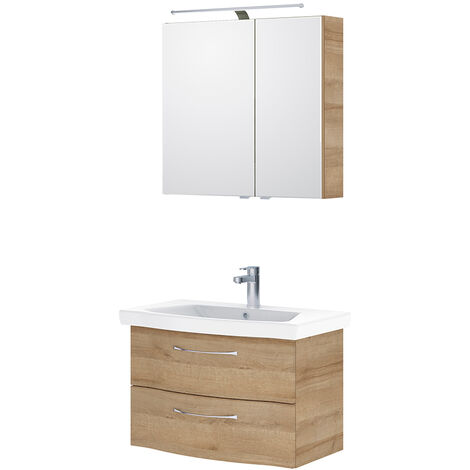 Badmöbel Waschplatz Set, 82cm, mit LED Beleuchtung in Riviera Eiche quer Nb. SOLINGEN-66, B/H/T ...