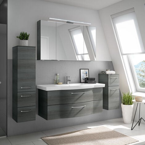 Badmöbel Komplett Set mit 122cm Waschbecken und LED Aufsatzleuchte, Graphit Struktur quer Nb ...