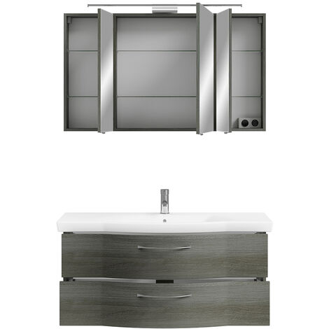 Waschplatz Set, 122cm, mit Waschbecken und LED Beleuchtung, Graphit Struktur quer Nb. SOLINGEN ...