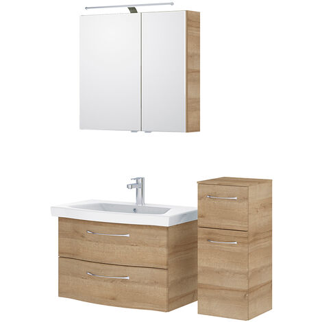 Badezimmer Set, 3-teilig, 82cm Waschbecken, Riviera Eiche quer Nb. SOLINGEN-66, B/H/T ca. 127 ...