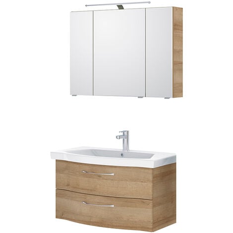 Badmöbel Set, Waschtisch und Spiegelschrank mit Aufsatzleuchte, in Riviera Eiche quer Nb ...