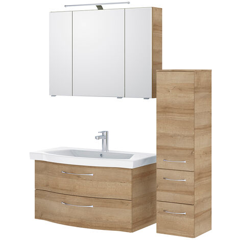 Bad Kombination mit Spiegelschrank, LED Beleuchtung und 97cm Waschbecken in Riviera Eiche quer ...