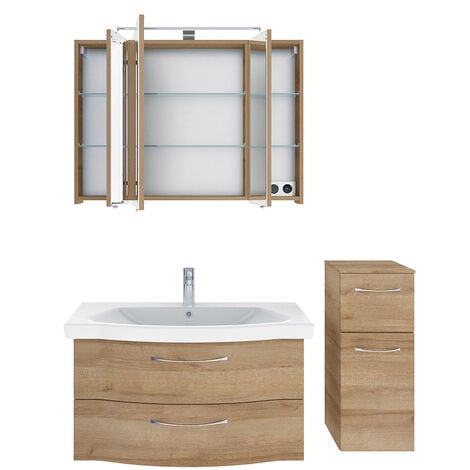 Badmöbel Set, 3-teilig, 97 cm Waschbecken, LED Beleuchtung, Riviera Eiche quer Nb. SOLINGEN-66 ...
