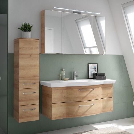 Badezimmer Möbel Set, 122cm Waschbecken, LED Beleuchtung, Riviera Eiche quer Nb. SOLINGEN-66, B ...