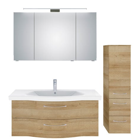 Badezimmer Möbel Set, 122cm Waschbecken, LED Beleuchtung, Riviera Eiche quer Nb. SOLINGEN-66, B ...