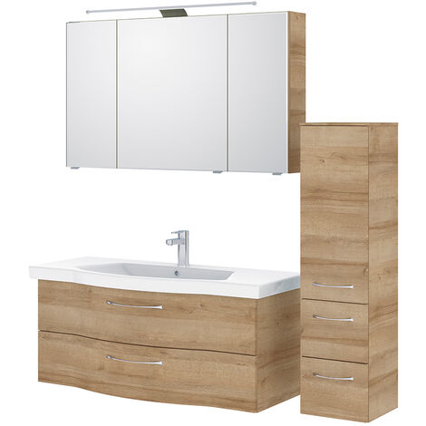 Badezimmer Möbel Set, 122cm Waschbecken, LED Beleuchtung, Riviera Eiche quer Nb. SOLINGEN-66, B ...