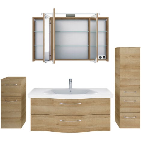 Badmöbel Komplett Set mit 122cm Waschbecken und LED Aufsatzleuchte, Riviera Eiche quer Nb ...