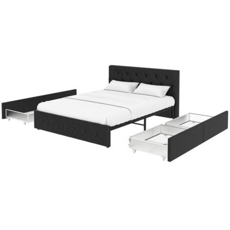 Lit adulte DAVID 160 x 200 cm - 4 tiroirs - Sommier inclus - Simili noir