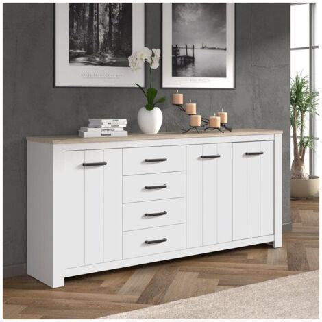 Buffet ELARA Forte 206x95,7x42,2 cm Plateau chêne Corps blanc mat 3 ...