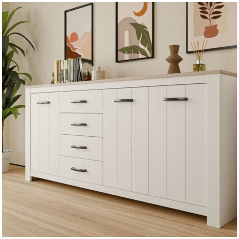 Buffet ELARA Forte 206x95,7x42,2 cm Plateau chêne Corps blanc mat 3 ...