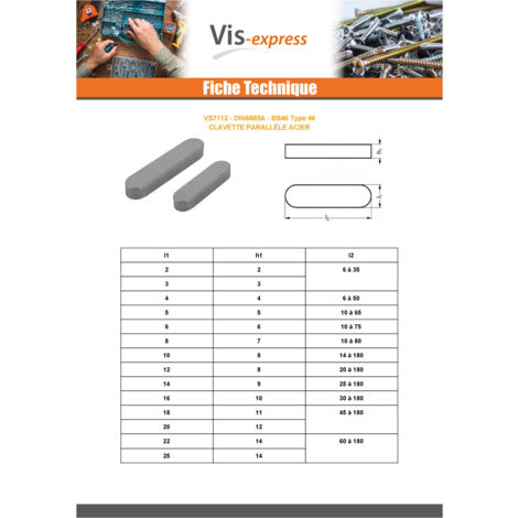 Clavette parallèle Acier 12X8 Longueur 120-100 pièces