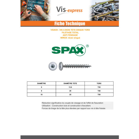 Spax Vis bois Tête disque TORX T50 10X120 Filetée sur 80 4CUT WIROX-20 ...