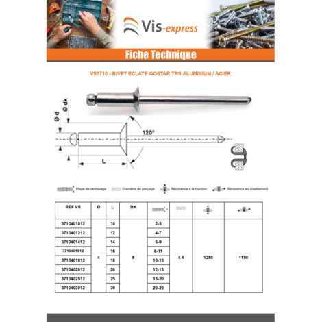 Rivet aveugle éclate GOSTAR Aluminium Tige acier TRS 4.8X14