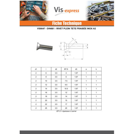 Rivet à frapper Tête fraisée TF Inox A2 6X18-1 pièce