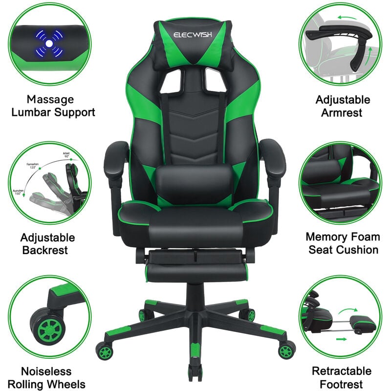 Puluomis Massage Gaming Chair PU Leather Executive Office Chair Recliner Swivel Chairs with Footrest and Lumbar Support Green
