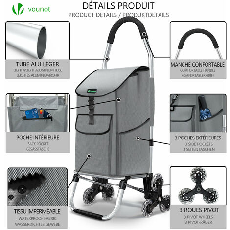 VOUNOT Folding Shopping Trolley on 6 Wheels, Aluminium Lightweight Shopping Cart, 55L Grey