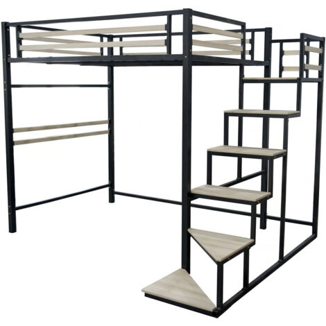 Letto a soppalco in metallo con scale "LENA" - 140 x 200 cm - Nero