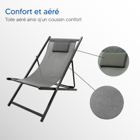 Chaise chilienne pliante 94x61 cm textilène anthracite – 5 positions