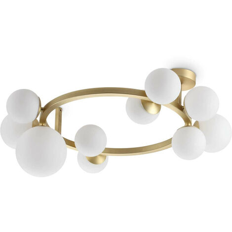 Ideal Lux Perlage 10 Light Globe Ceiling Light Brass, White Glass Shade