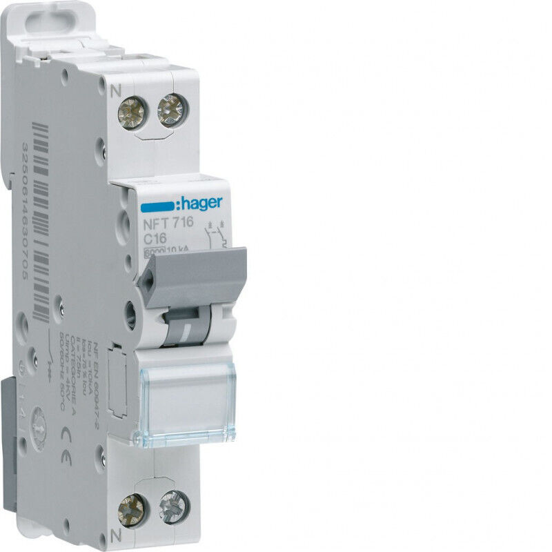 Hager MJT706 Disjoncteur 6A - 1P+N - 4,5-6kA - courbe C - Bornes décalées à vis - MJT - 1 module