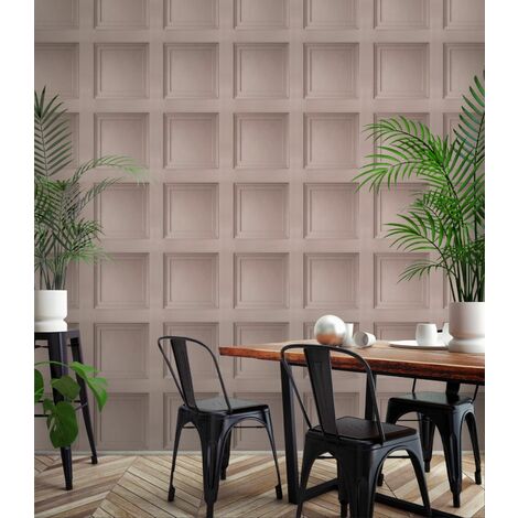 Blush Pink Wooden Panel 3D Effect Realistic Square Panelling Flat Wallpaper