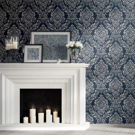 Muriva Eleanor Damask Distressed Metallic Linen Effect Blue Silver ...