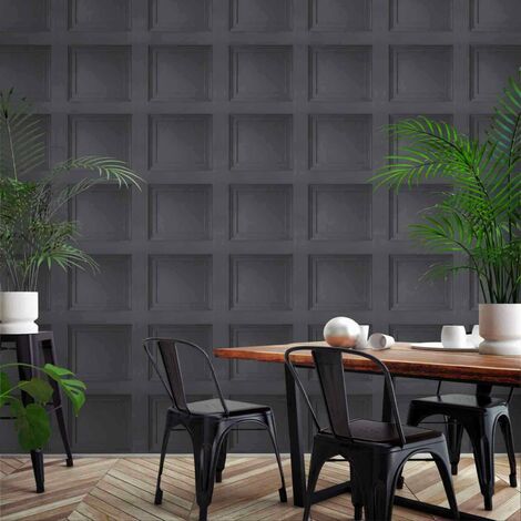 Black Wooden Panel 3D Effect Realistic Square Panelling Flat Finish ...