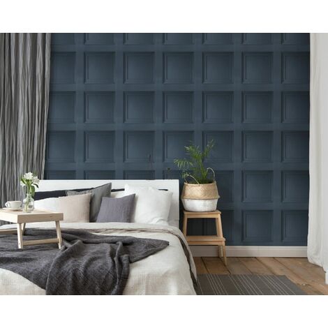 Navy Blue Wooden Panel 3D Effect Realistic Square Panelling Flat Wallpaper