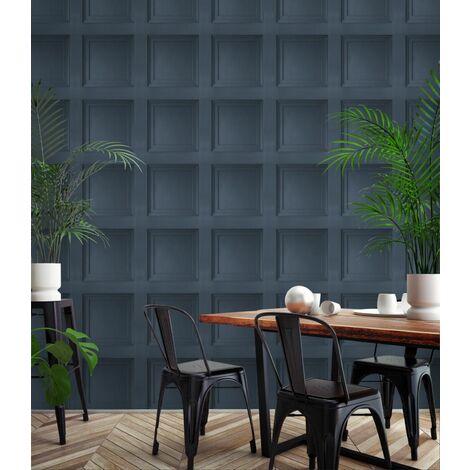 Navy Blue Wooden Panel 3D Effect Realistic Square Panelling Flat Wallpaper