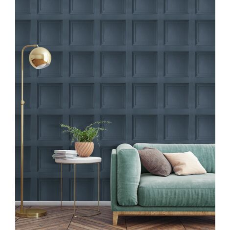 Navy Blue Wooden Panel 3D Effect Realistic Square Panelling Flat Wallpaper