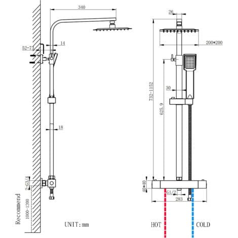 Colonne de douche thermostatique 200mm, kit carré chromé AICA