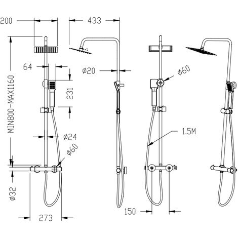 Colonne de douche thermostatique, kit carré chromé AICA