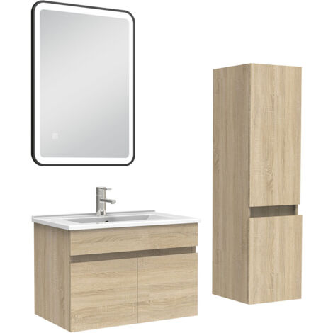 AICA Meuble simple vasque 60cm avec colonne + miroir lumineux Chêne