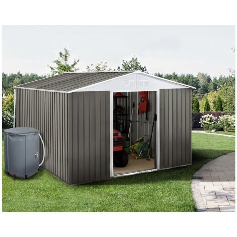 Gerätehaus aus Metall "Dallas" - 15,16 m² mit Dachrinne und Wasserauffangbecken - Taupe