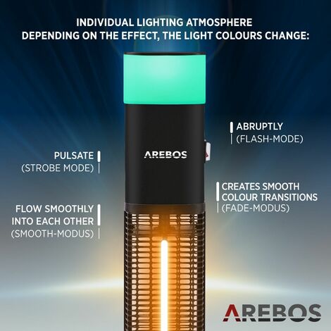 AREBOS 1500 Watt Stand Heater Black incl.16 Colours LED Light with ...
