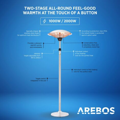 AREBOS radiant heater 2 power levels & 2 heating tubes incl. height ...