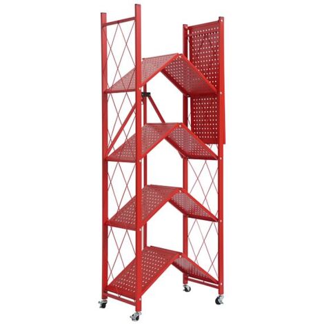 5 Tier Heavy Duty Boltless Metal Folding Shelf with Wheels. Bedroom Office Garage Storage Rack Red